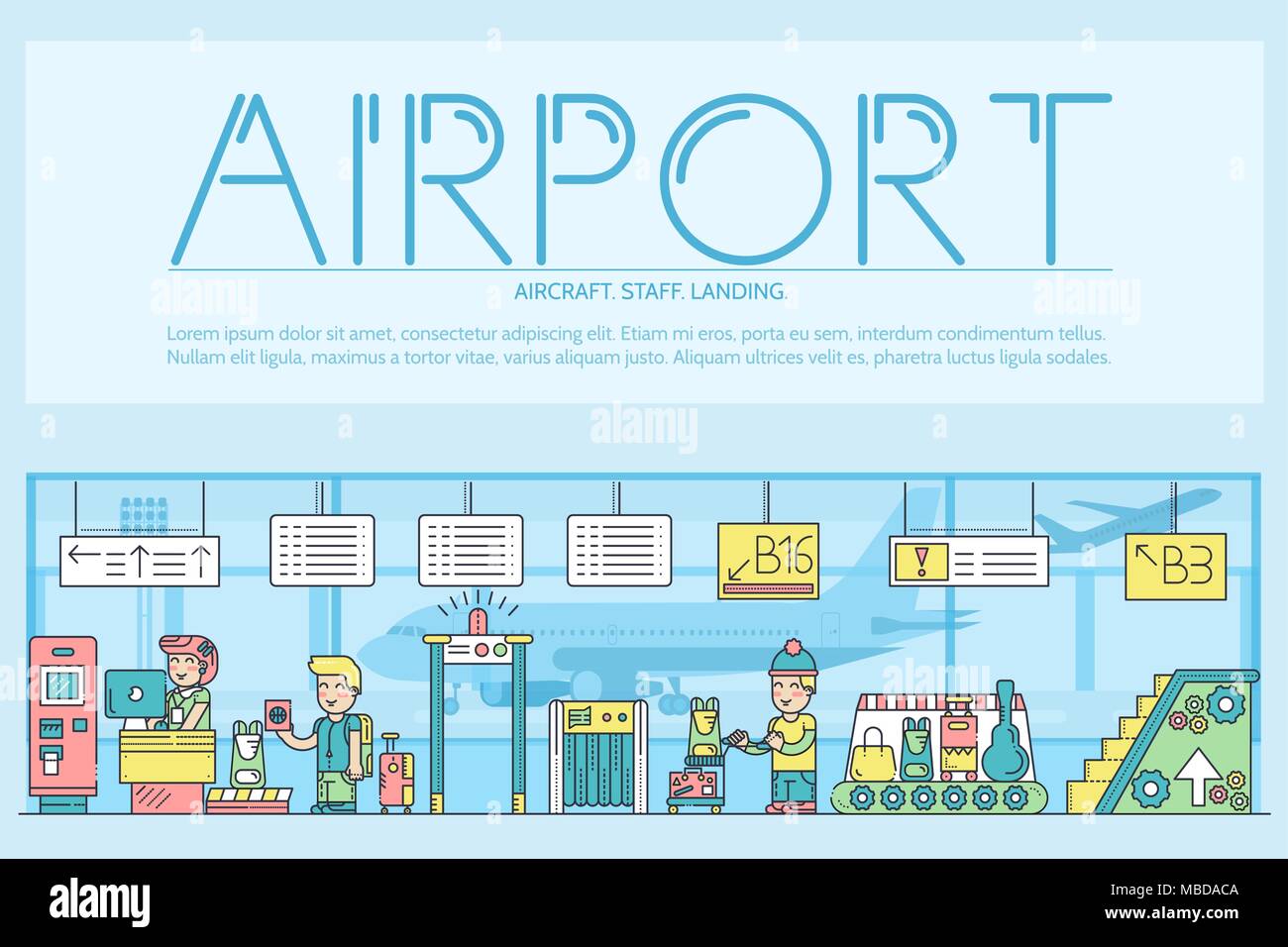 Thin line staff working and registering people and luggage in the ...