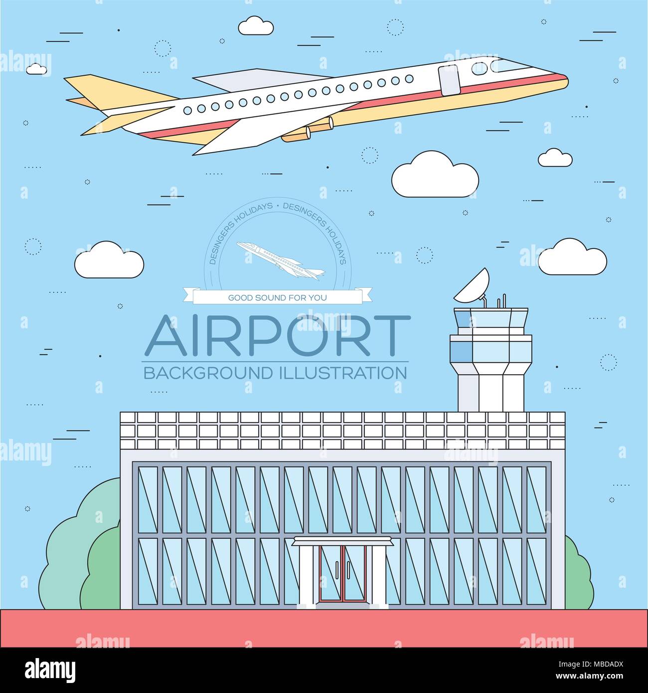flat building airport with flying plane tour concept background. Vector ...