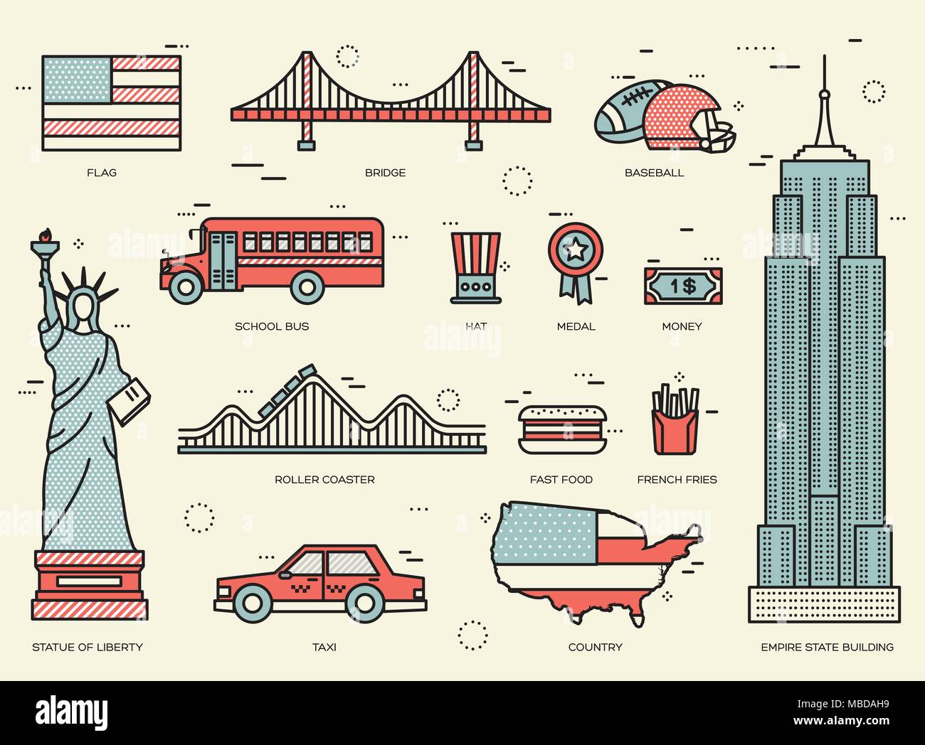 Country USA travel vacation guide of goods, places and features. Set of ...