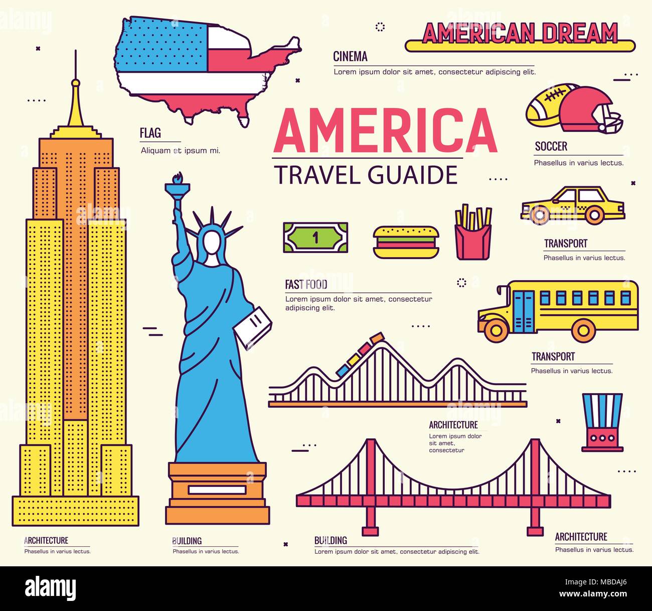Country USA travel vacation guide of goods, places and features. Set of ...