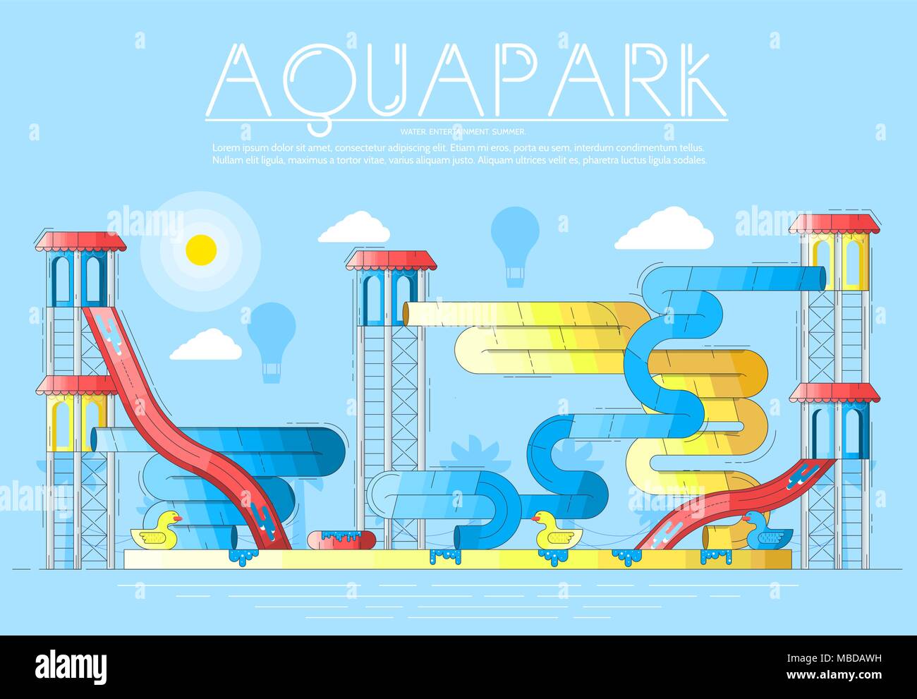 Different colored bright waterslides and garrets in aquapark. Layout ...