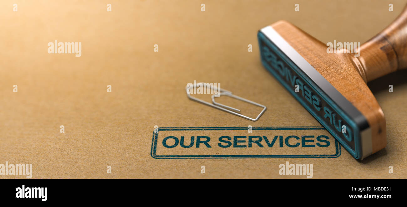 Rubber stamp with the text our services over brown paper background. 3D ...