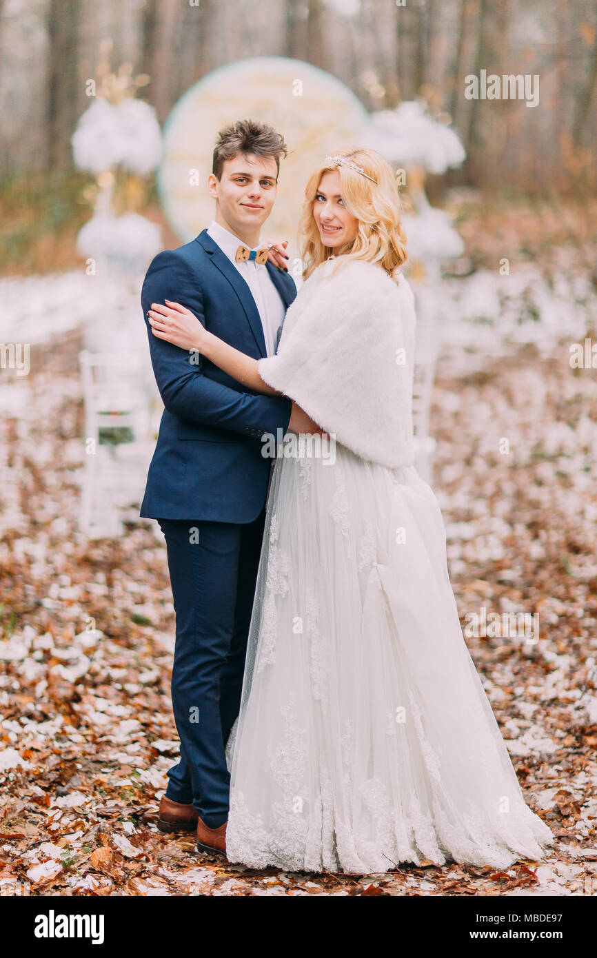 Beautiful happy couple on the wedding ceremony in autumn forest Stock ...