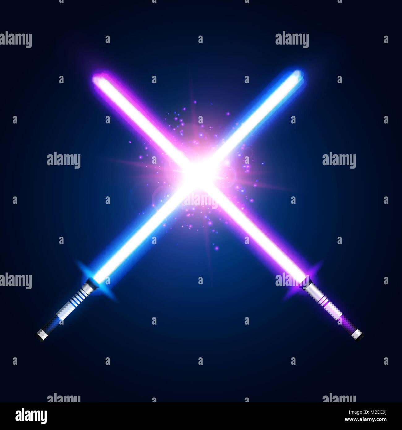 Purple violet and blue crossed light neon swords with trembling blades ...