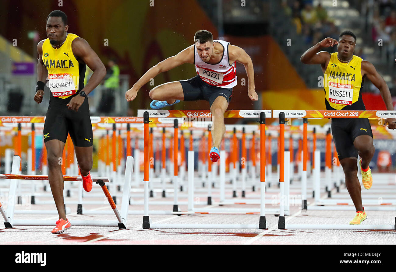 (left to right) Jamaica's Hansle Parchment, England's Andrew Pozzi and ...