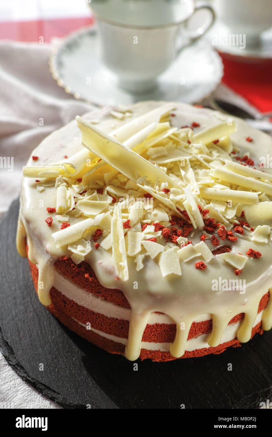 Classic American dessert red velvet cake is traditionally a red, red ...
