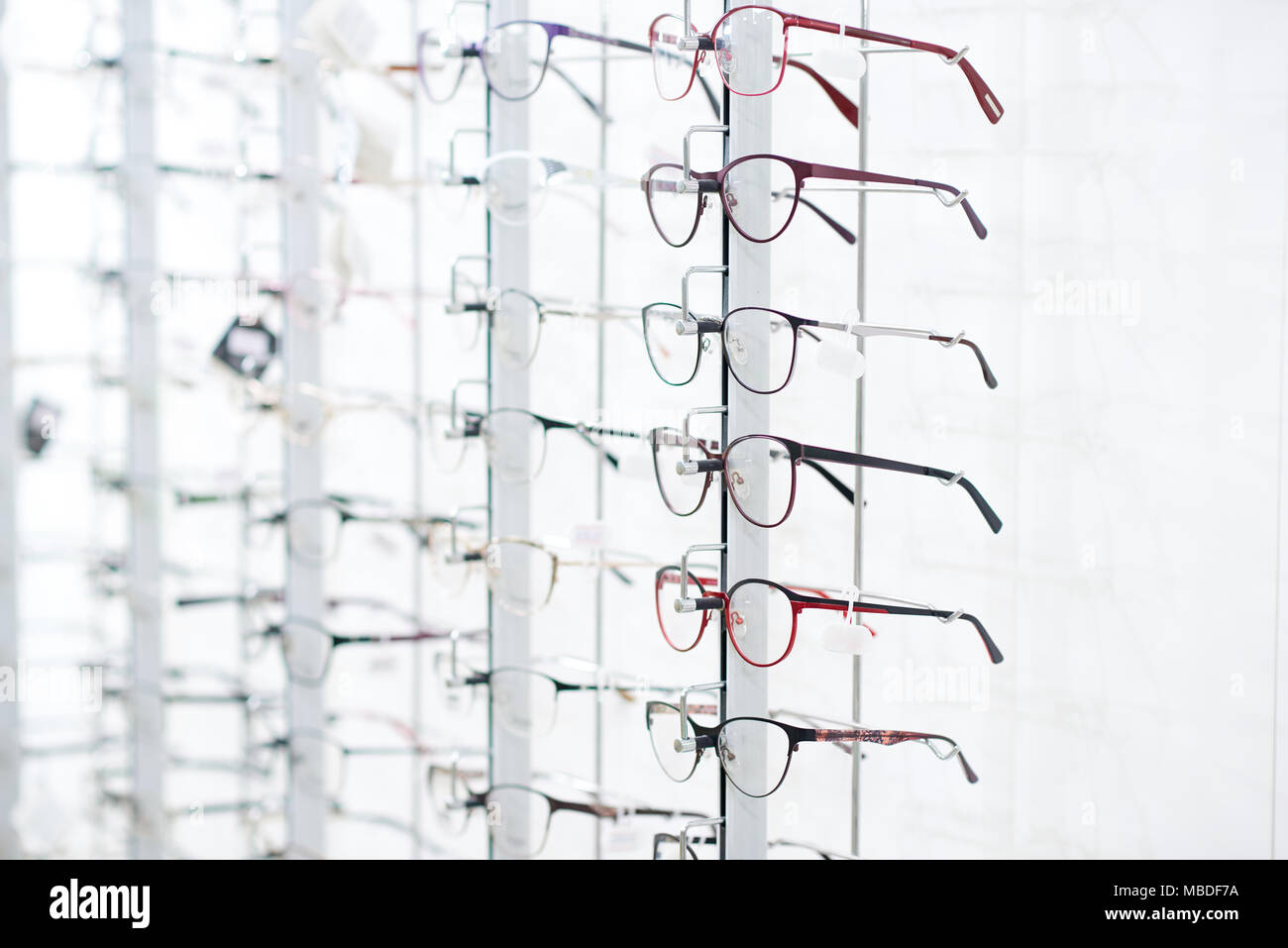 Sideview with optical glasses. Different colors and shape, stylish and ...