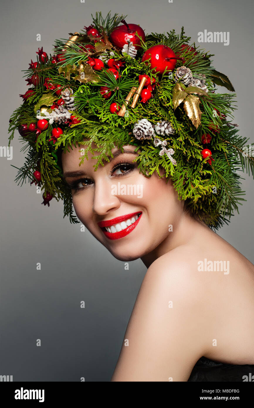 Christmas Woman with Xmas Decorations. Smiling Model Woman Christmas ...
