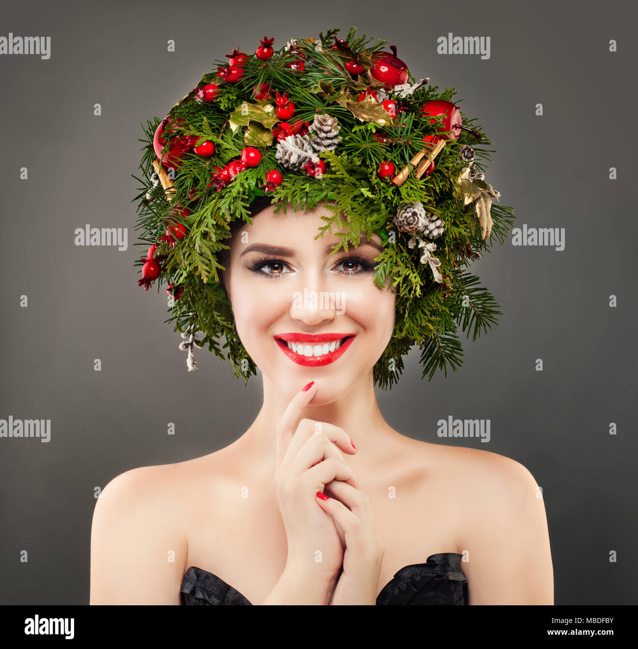 Christmas Portrait of Xmas Woman. Beautiful Model with Cute Smile, New ...