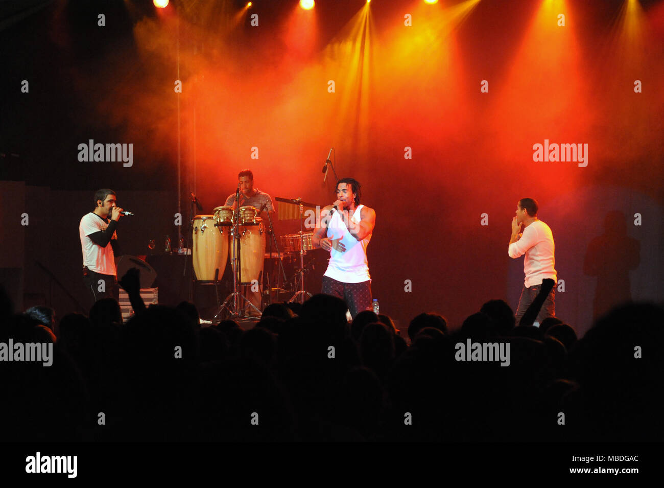 The Cuban hip-hop group called Orishas performing on stage at the ...