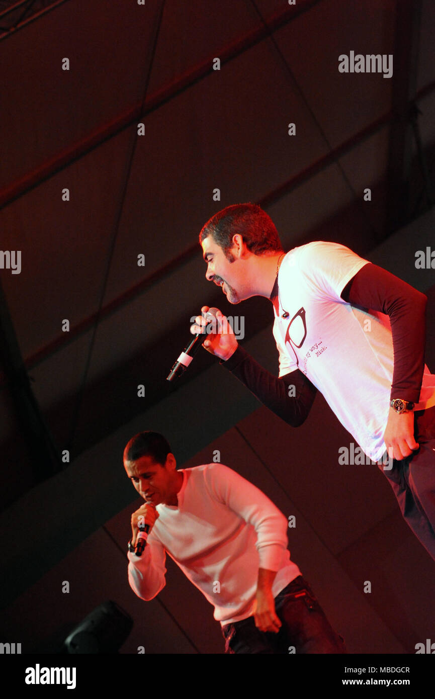 The Cuban hip-hop group called Orishas performing on stage at the ...