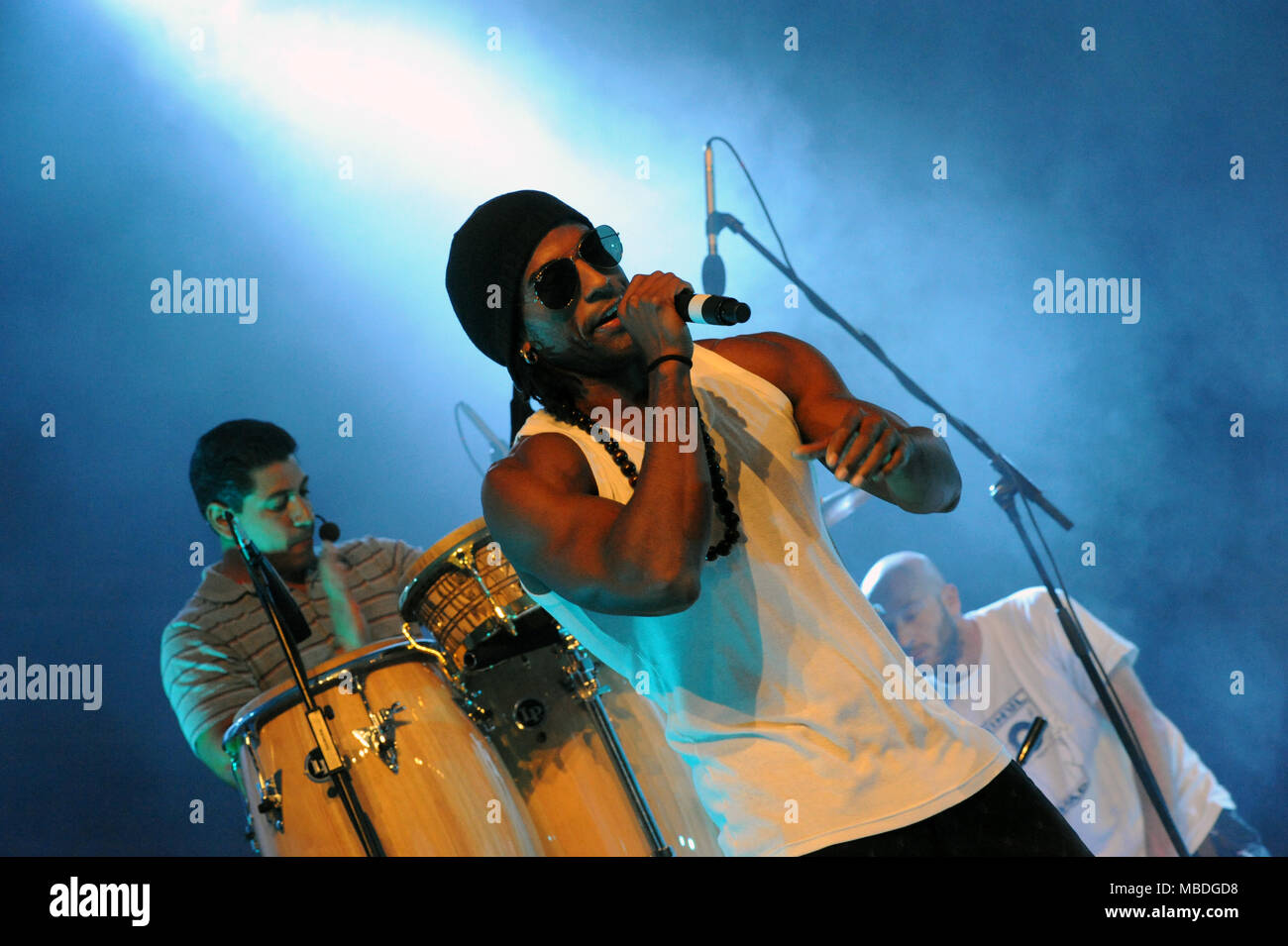 The Cuban hip-hop group called Orishas performing on stage at the ...