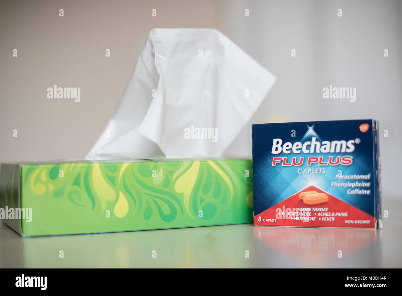 Beechams flu plus tablets along with a box of soft tissues perfect for ...