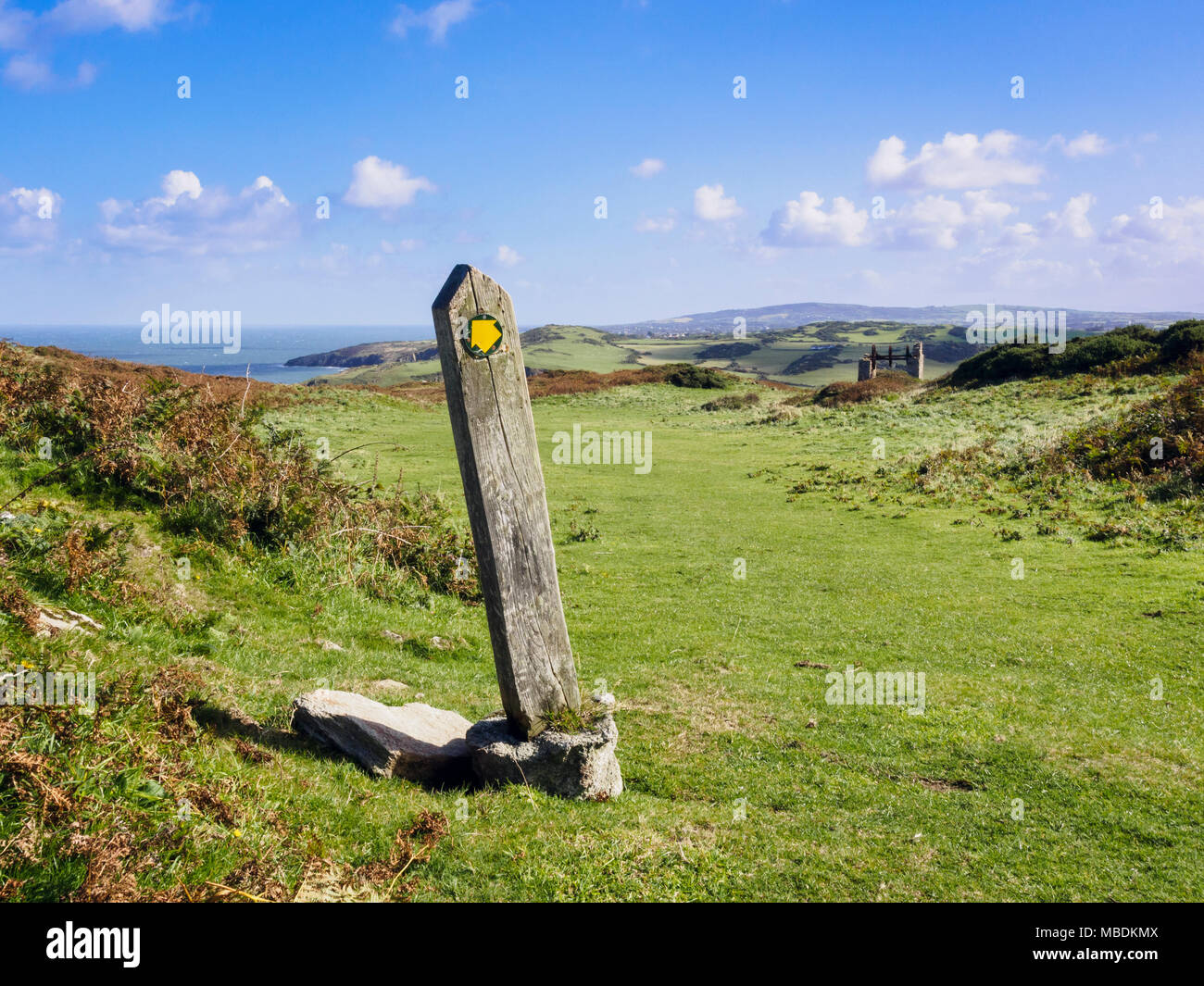 Footpath waymarker sign pointing ahead on Isle of Anglesey coastal path ...