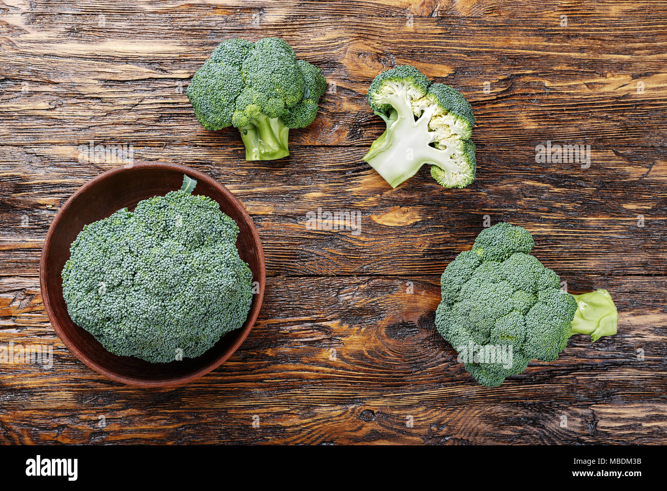 Inflorescences of raw broccoli cut in a clay plate, top view Stock ...