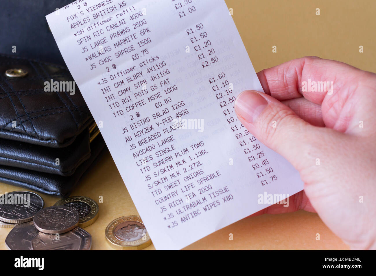 Female hand holding a supermarket grocery shopping till receipt with a ...