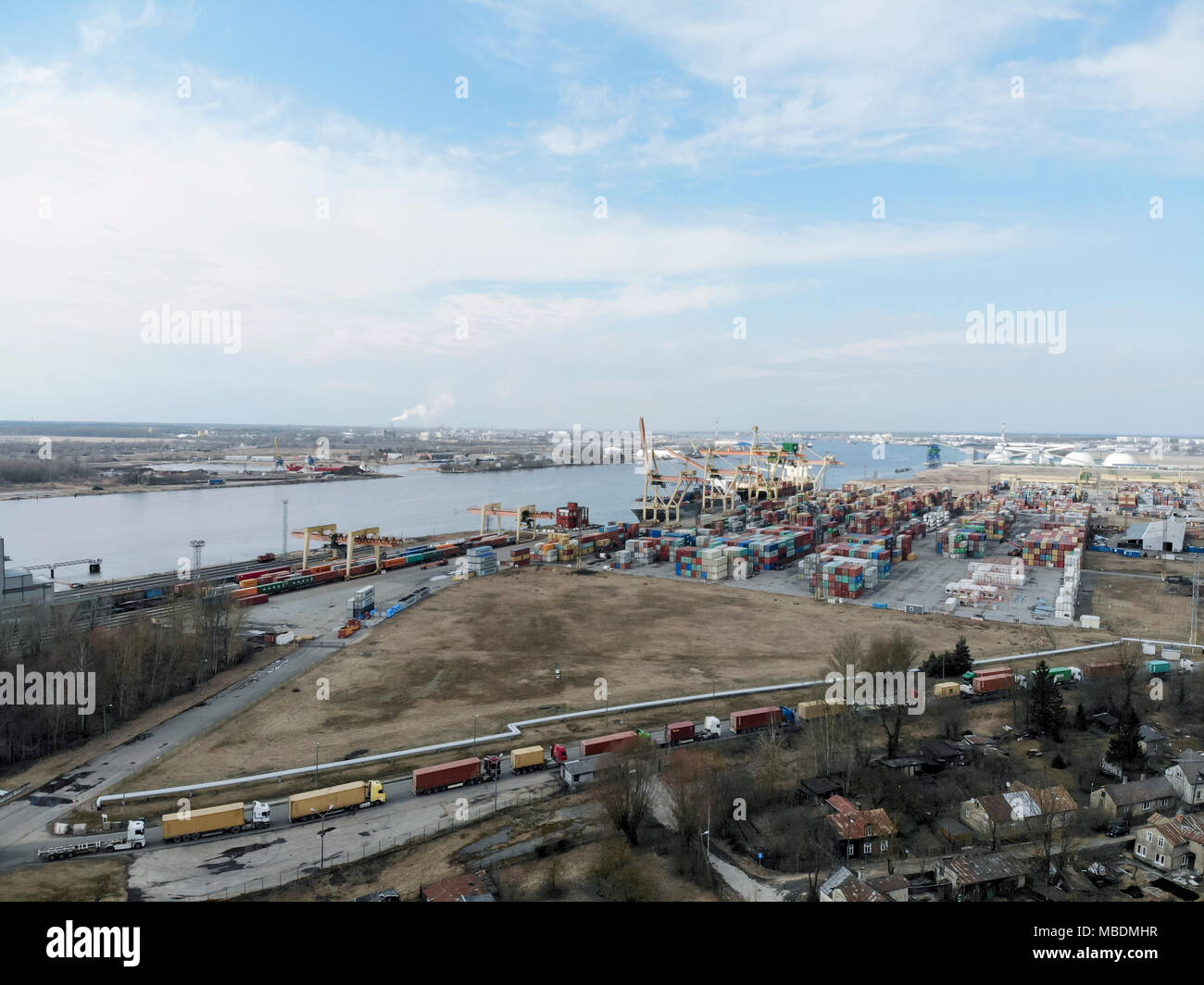 Industrial port with containers. Overhead drone footage of shipping ...