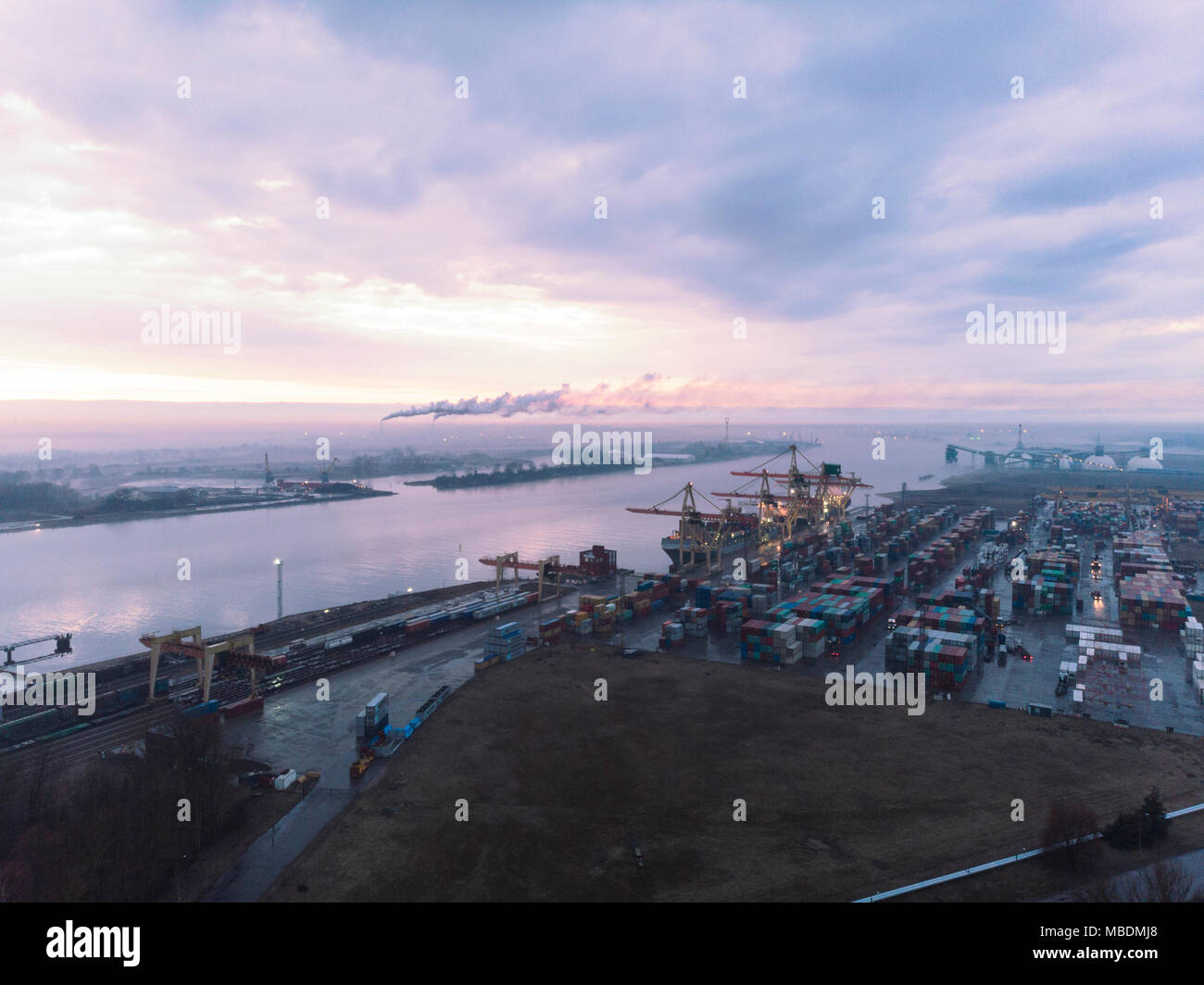 Industrial port with containers. Overhead drone footage of shipping ...