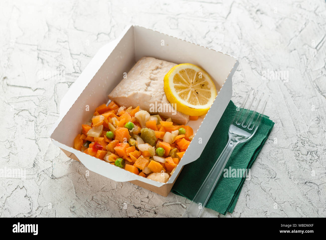 Healthy food delivery. Fish with vegetables. Take away of Daily ratio ...