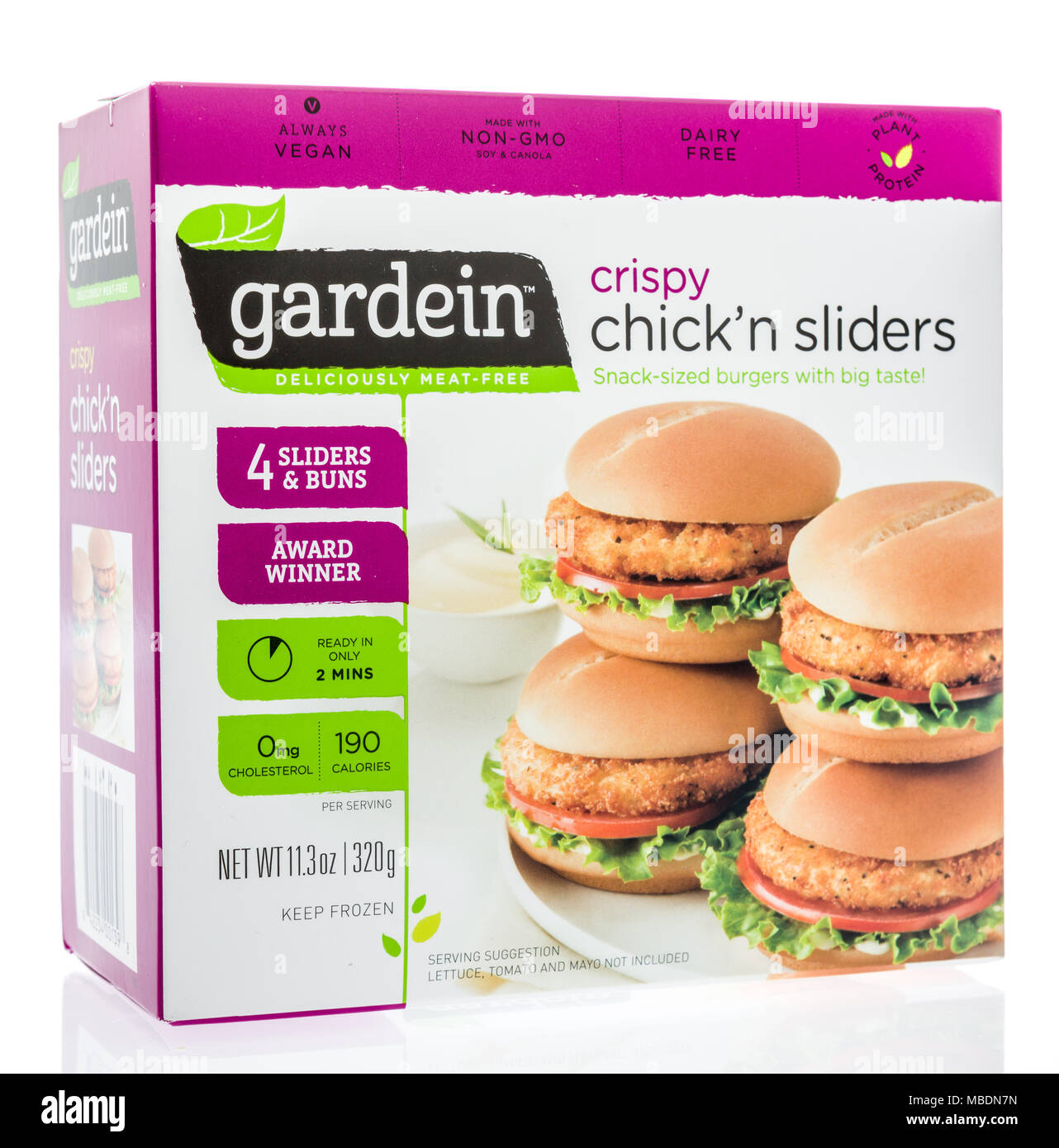 Winneconne, WI - 7 April 2018: A box of gardein crispy chick'n sliders ...