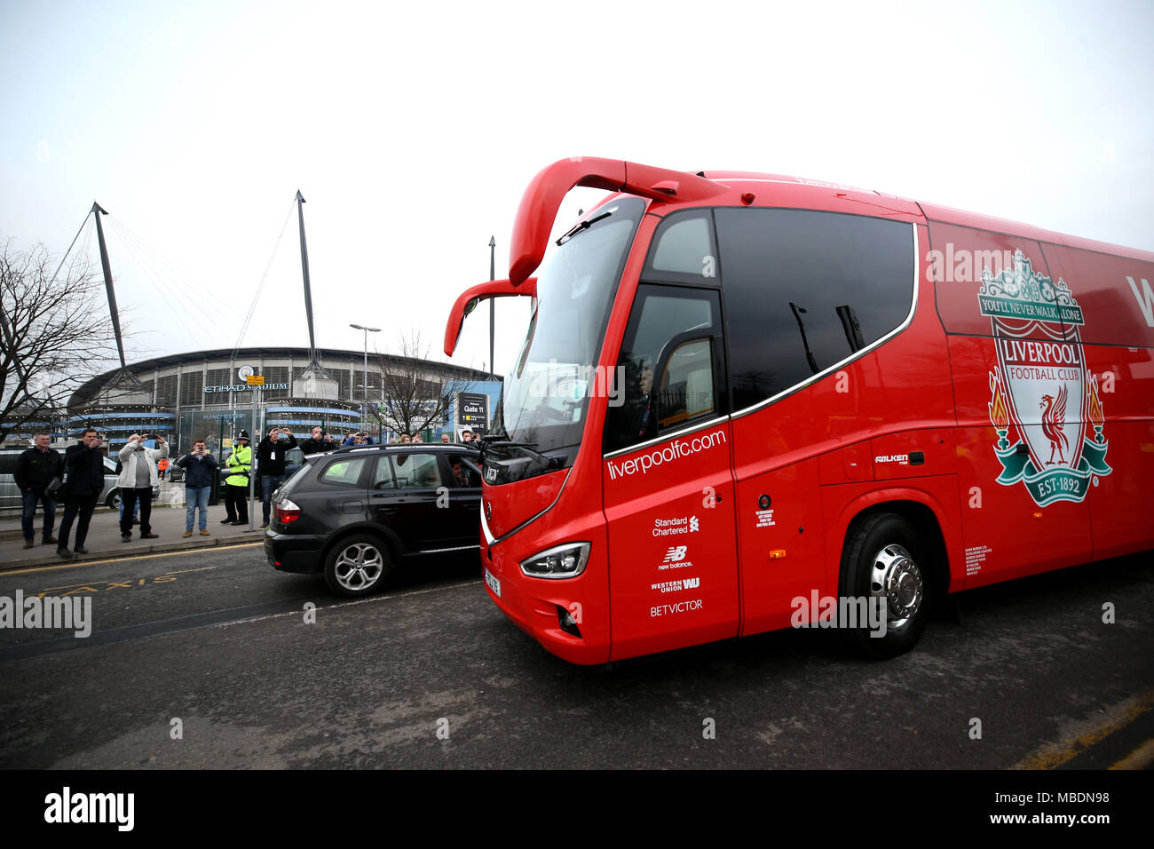 The Liverpool coach arrives for the UEFA Champions League, Quarter ...