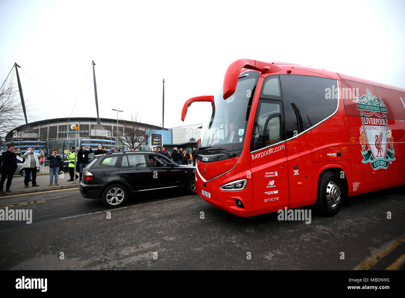 The Liverpool coach arrives for the UEFA Champions League, Quarter ...