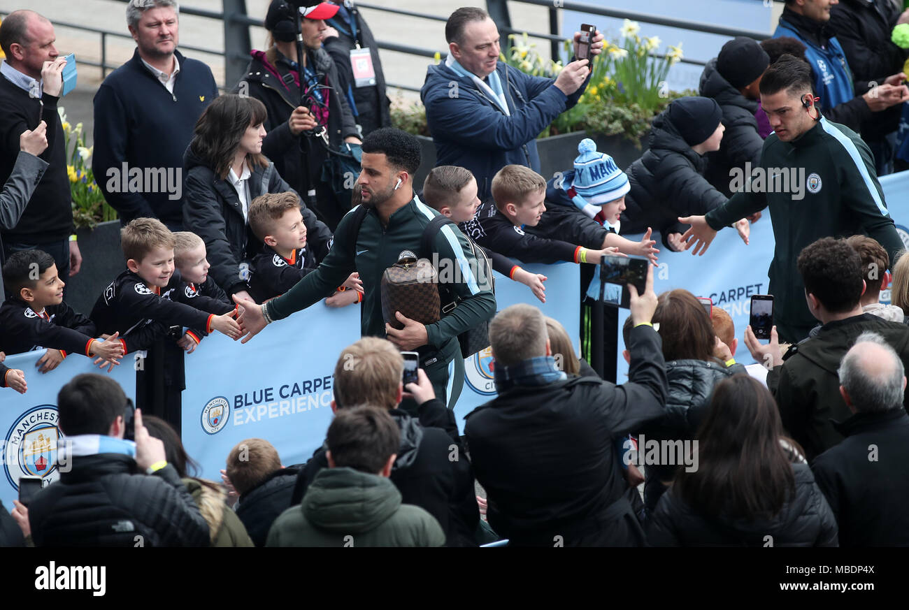 Manchester City's Kyle Walker and Ederson (right) arrive for the UEFA ...