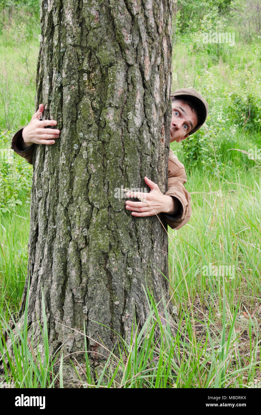 Man hugging tree with fear on face Stock Photo - Alamy