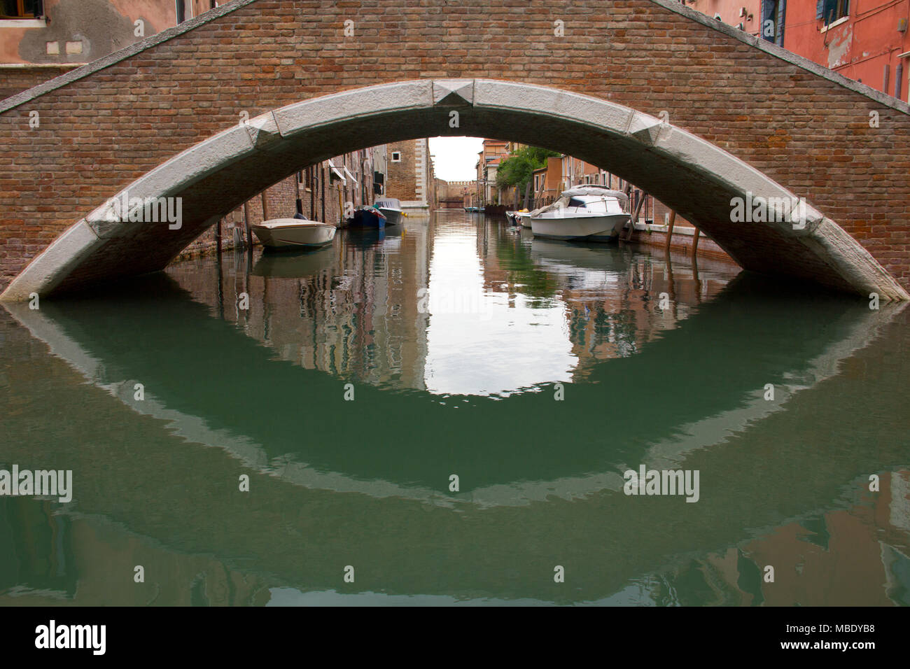 View under a bridge arch , mirrored on the water surface in Venice ...