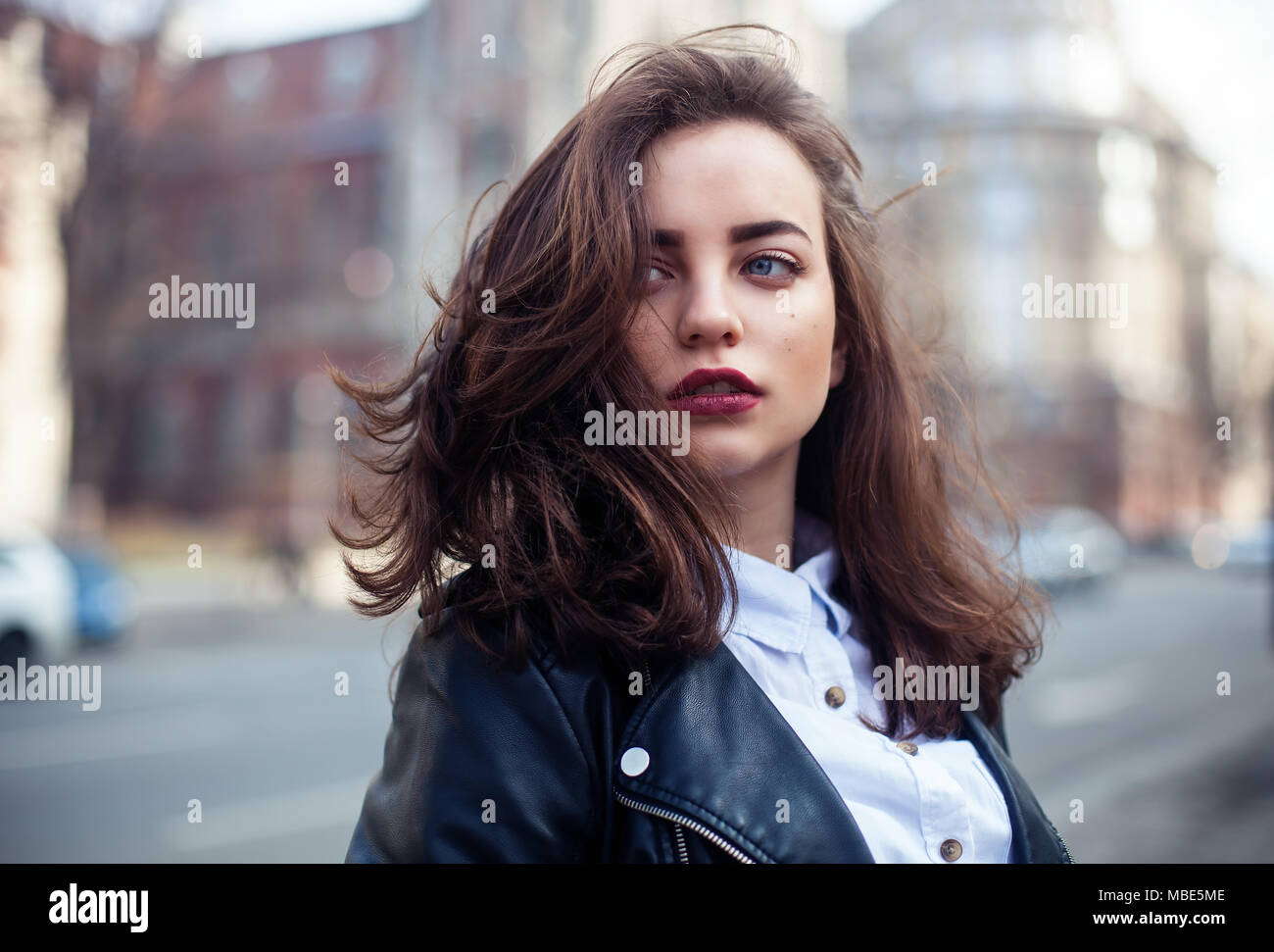 Amazing joyful pretty girl with long brunette hair. posing outdoor ...