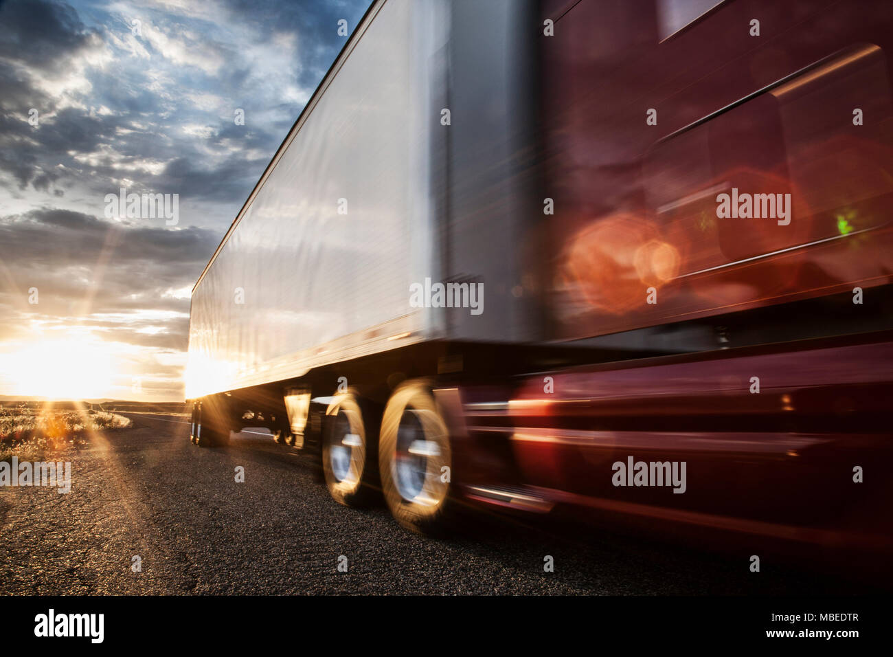 Low angle view of the cab and trailer on a Class 8 commercial truck on ...