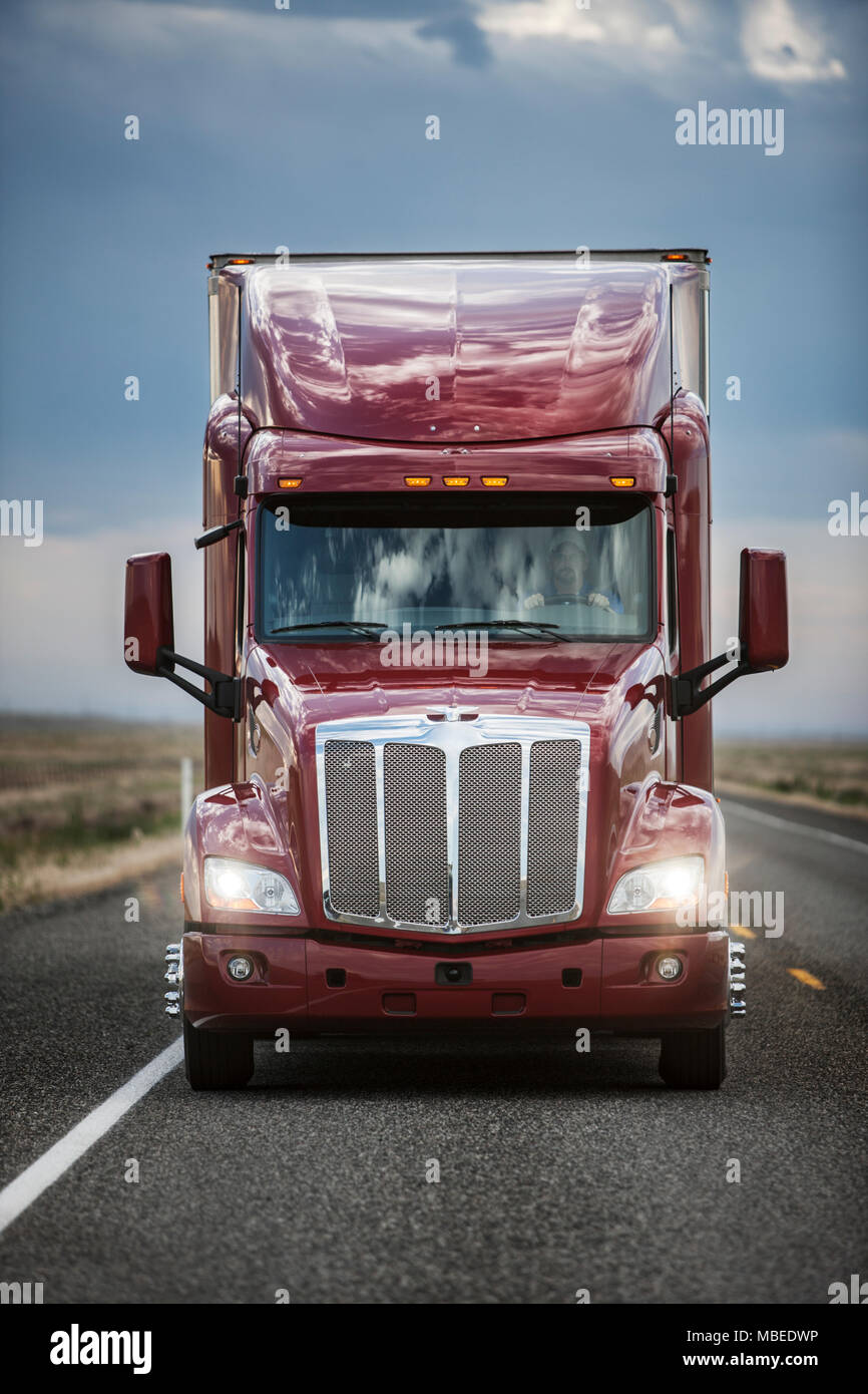 Front view of the cab of a commercial truck on the hiighway Stock Photo ...