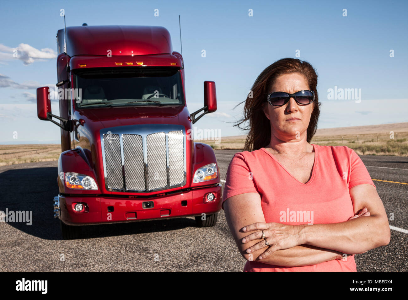 Portrait of a Caucasian woman driver and her commercial truck Stock ...