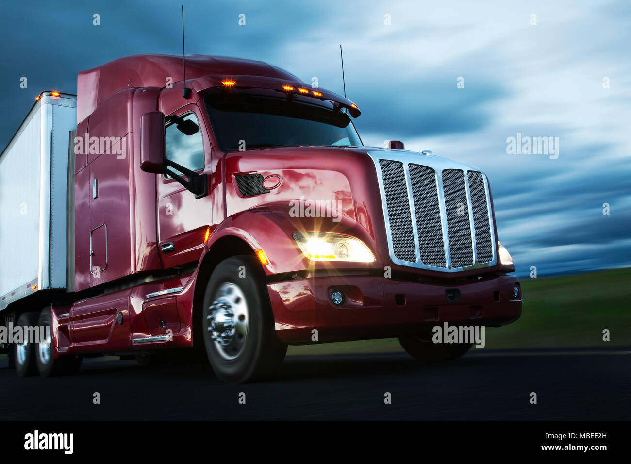 Front to rear low angle view of the cab of a commercial truck on the ...