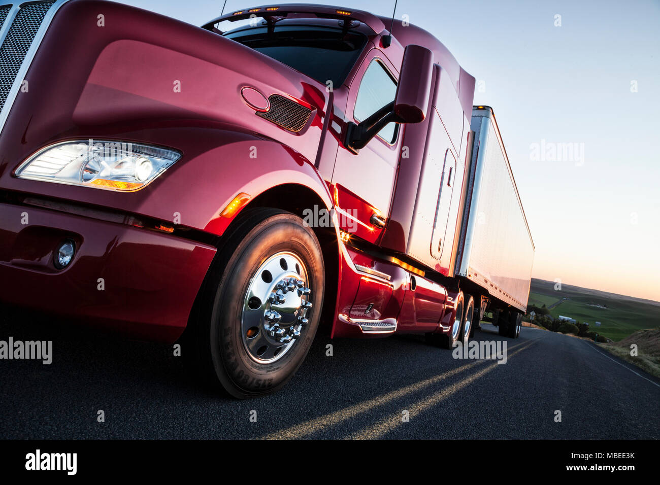 Front to rear low angle view of the cab of a commercial truck on the ...