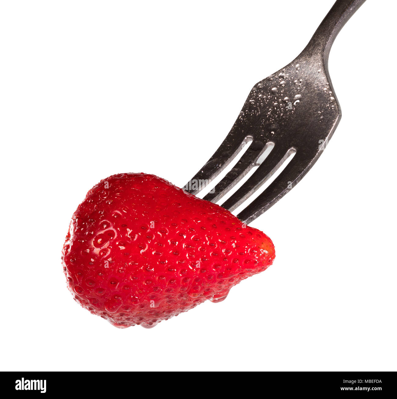Strawberry dripping with moisture on a fork isolated on white Stock ...