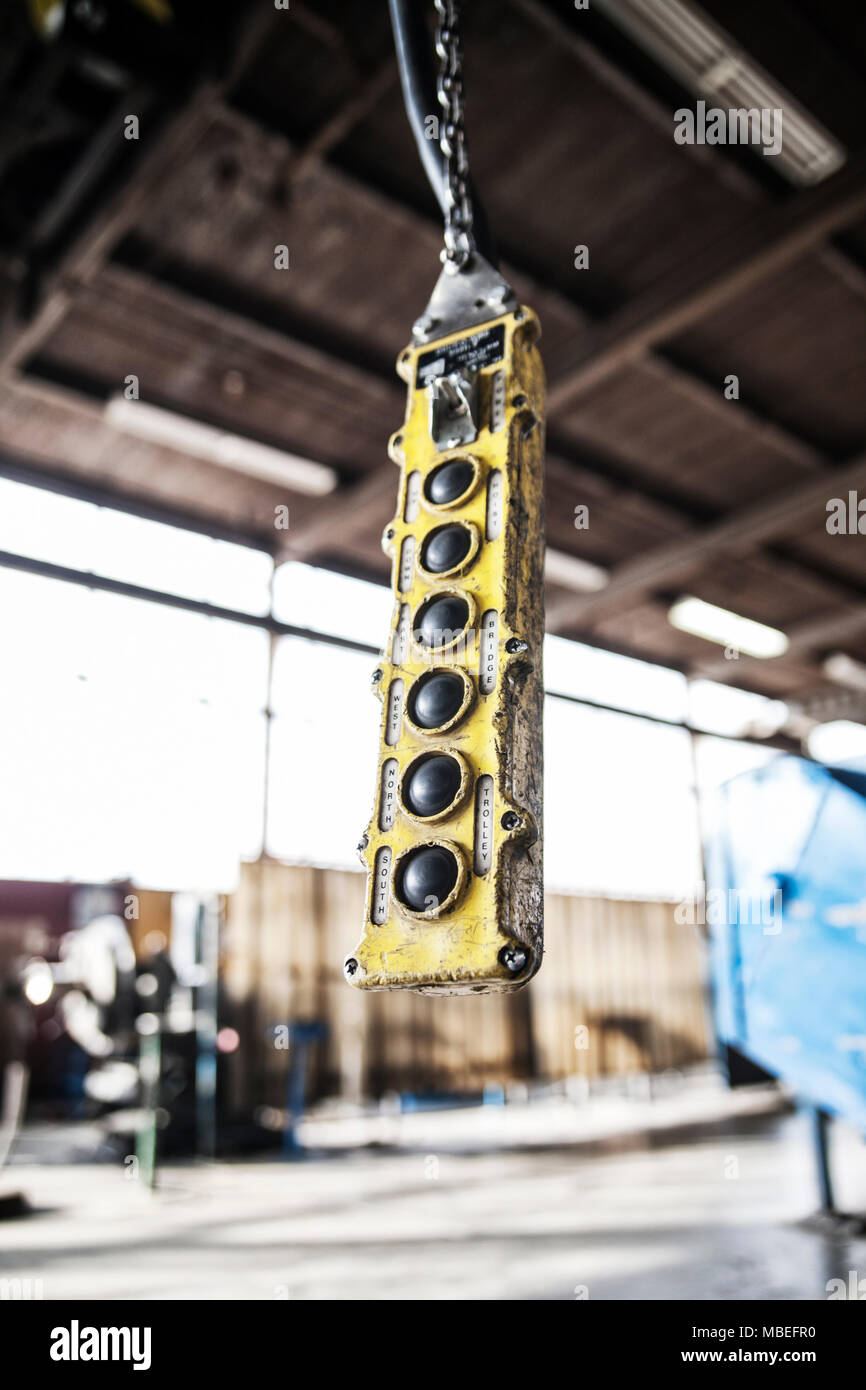 Overhead lift control unit used in a sheet metal factory Stock Photo ...