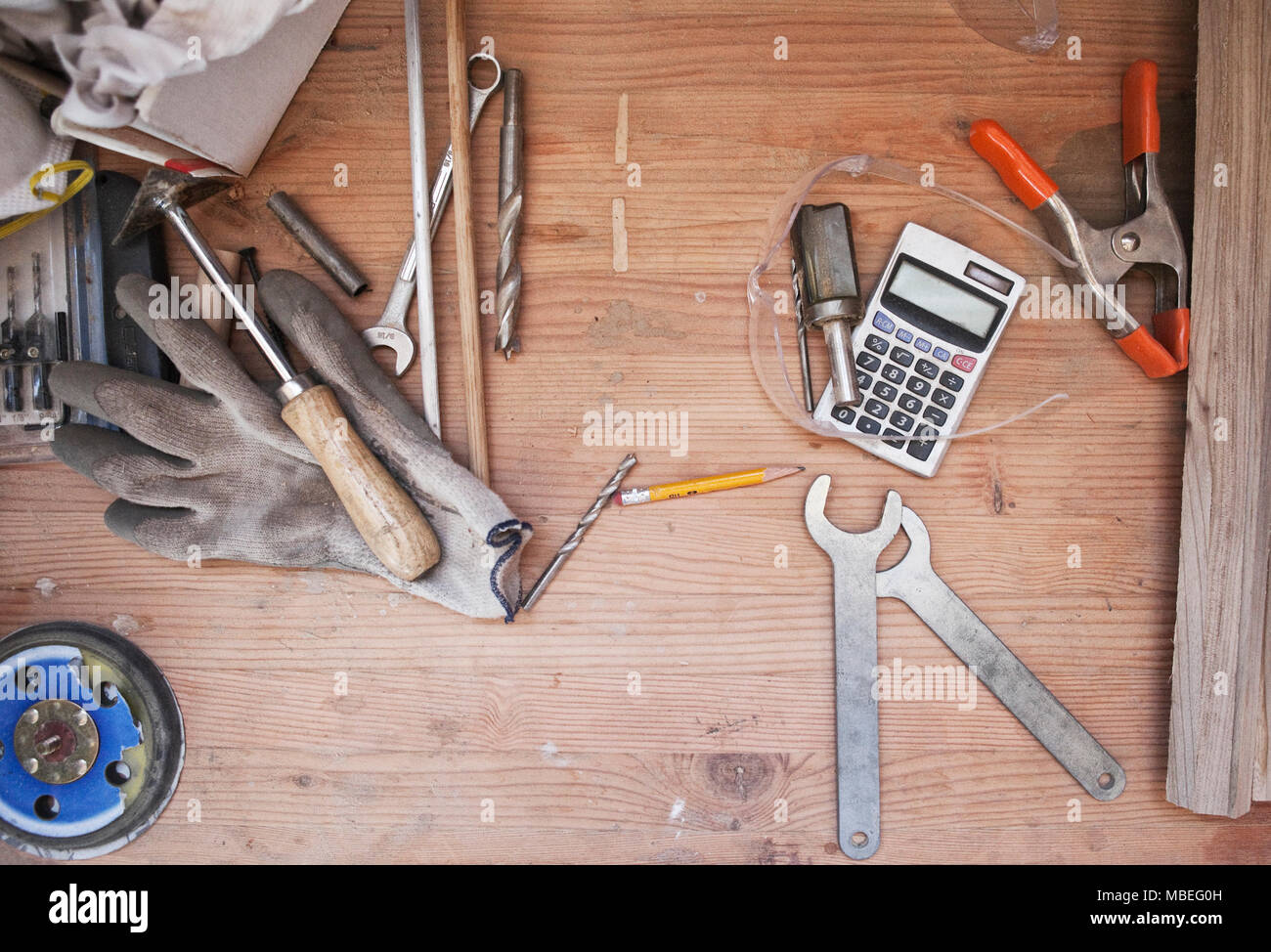 Still life of a desktop and tools in a woodworking factory Stock Photo ...