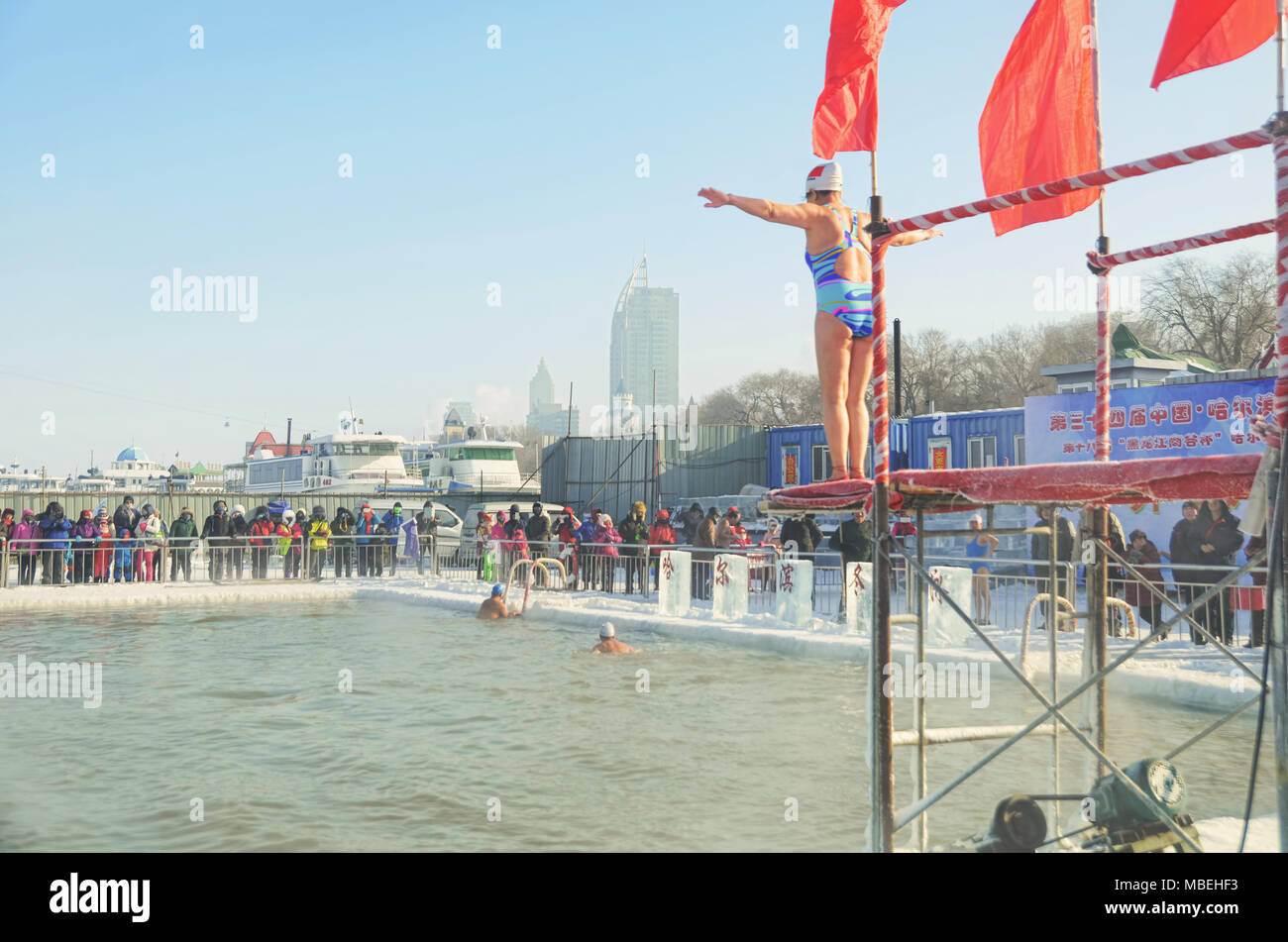 Winter swimming performance in Songhua River, Harbin Stock Photo - Alamy