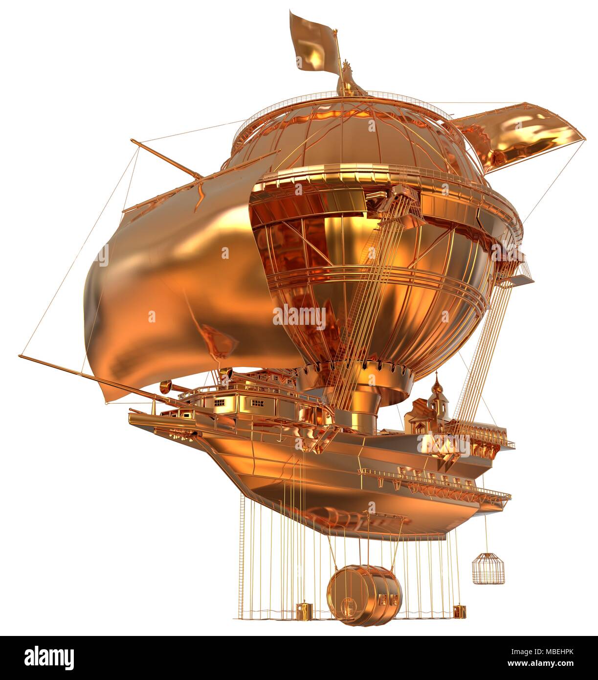 3D illustration Golden Fantasy airship Zeppelin Dirigible balloon ...