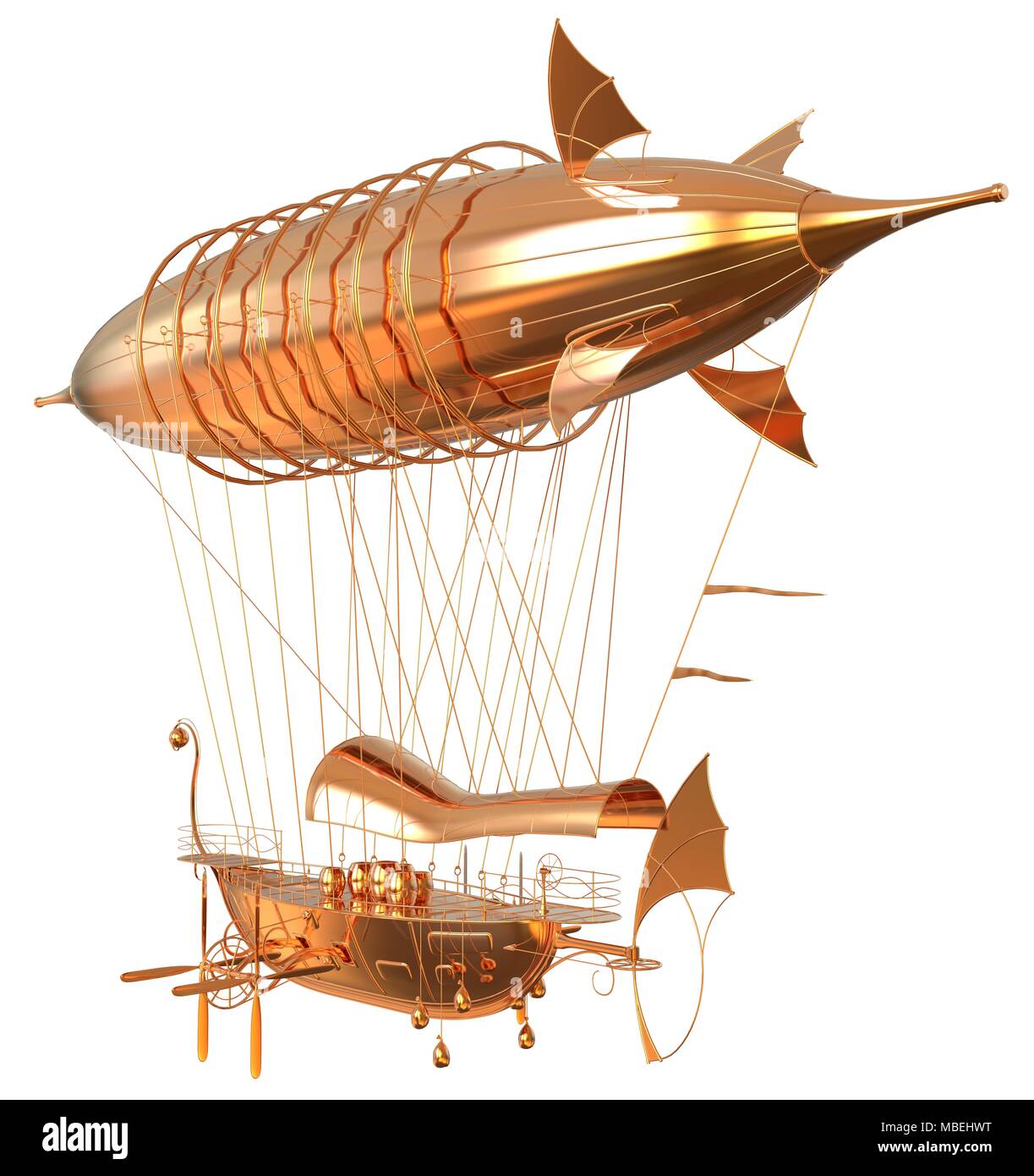 3D illustration Golden Fantasy airship Zeppelin Dirigible balloon ...