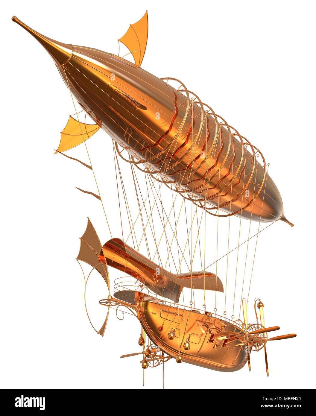 3D illustration Golden Fantasy airship Zeppelin Dirigible balloon ...