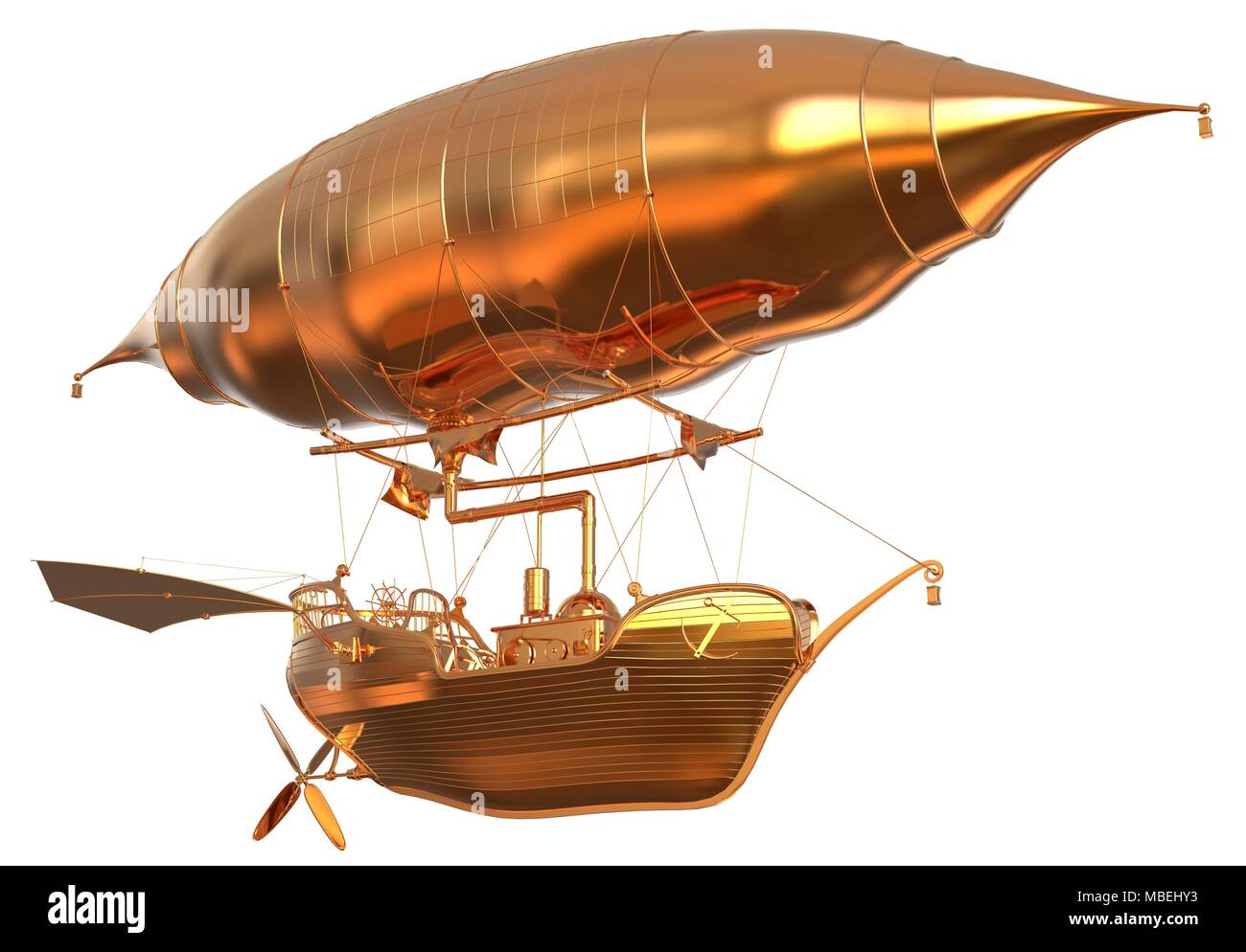 3D illustration Golden Fantasy airship Zeppelin Dirigible balloon ...