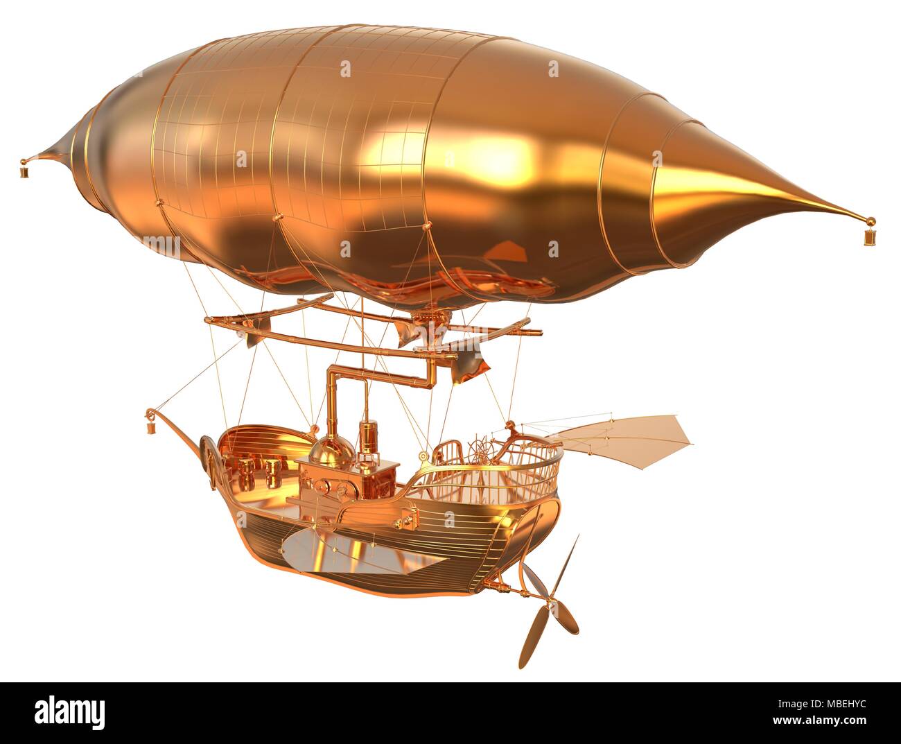 3D illustration Golden Fantasy airship Zeppelin Dirigible balloon ...