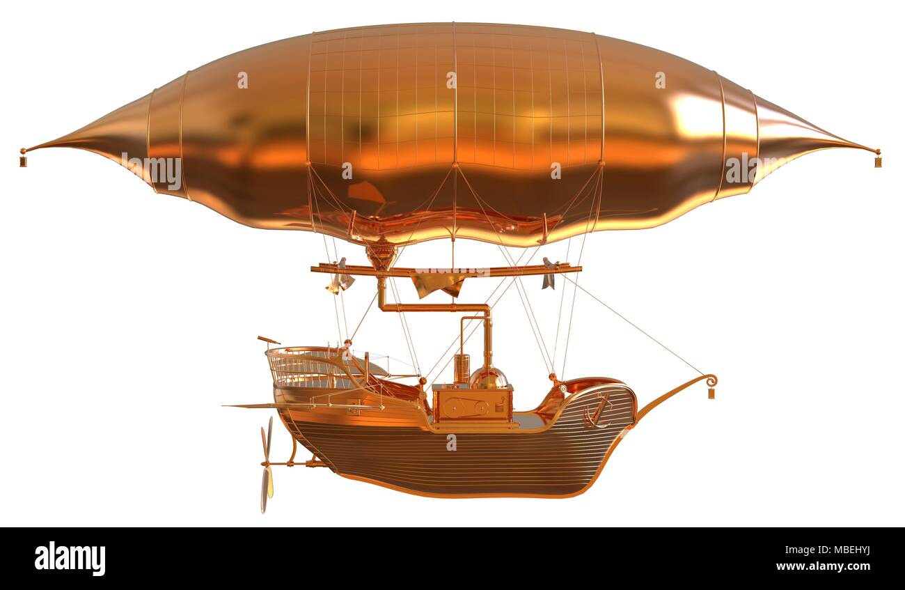 3D illustration Golden Fantasy airship Zeppelin Dirigible balloon ...