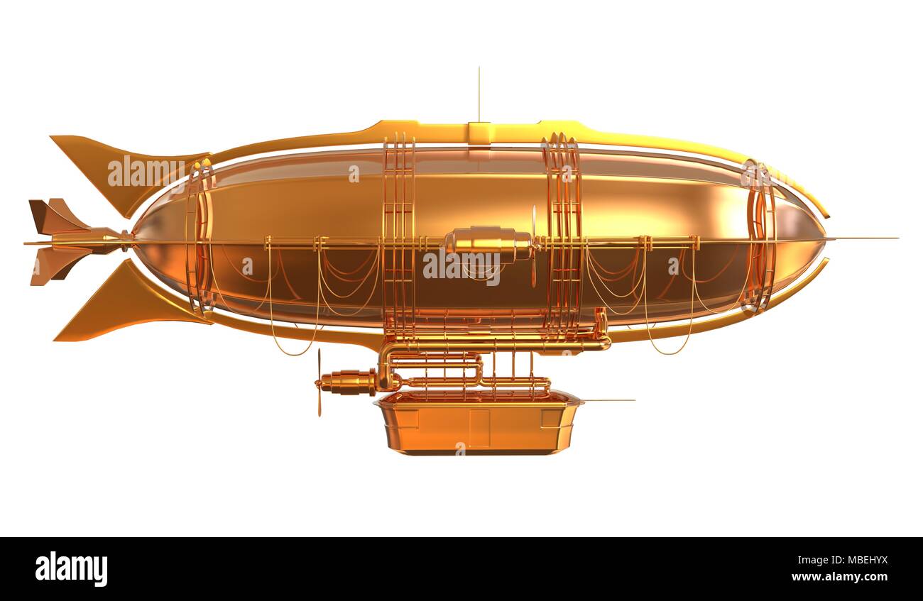 3D illustration Golden Fantasy airship Zeppelin Dirigible balloon ...