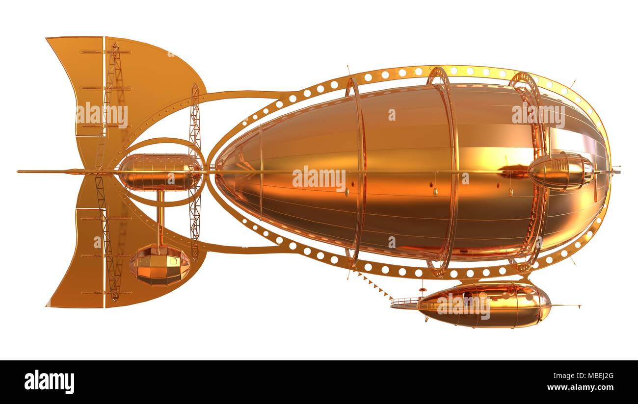 3D illustration Golden Fantasy airship Zeppelin Dirigible balloon ...