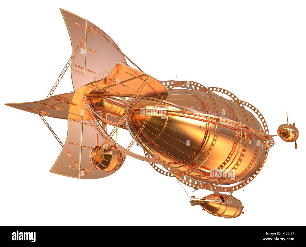 3D illustration Golden Fantasy airship Zeppelin Dirigible balloon ...