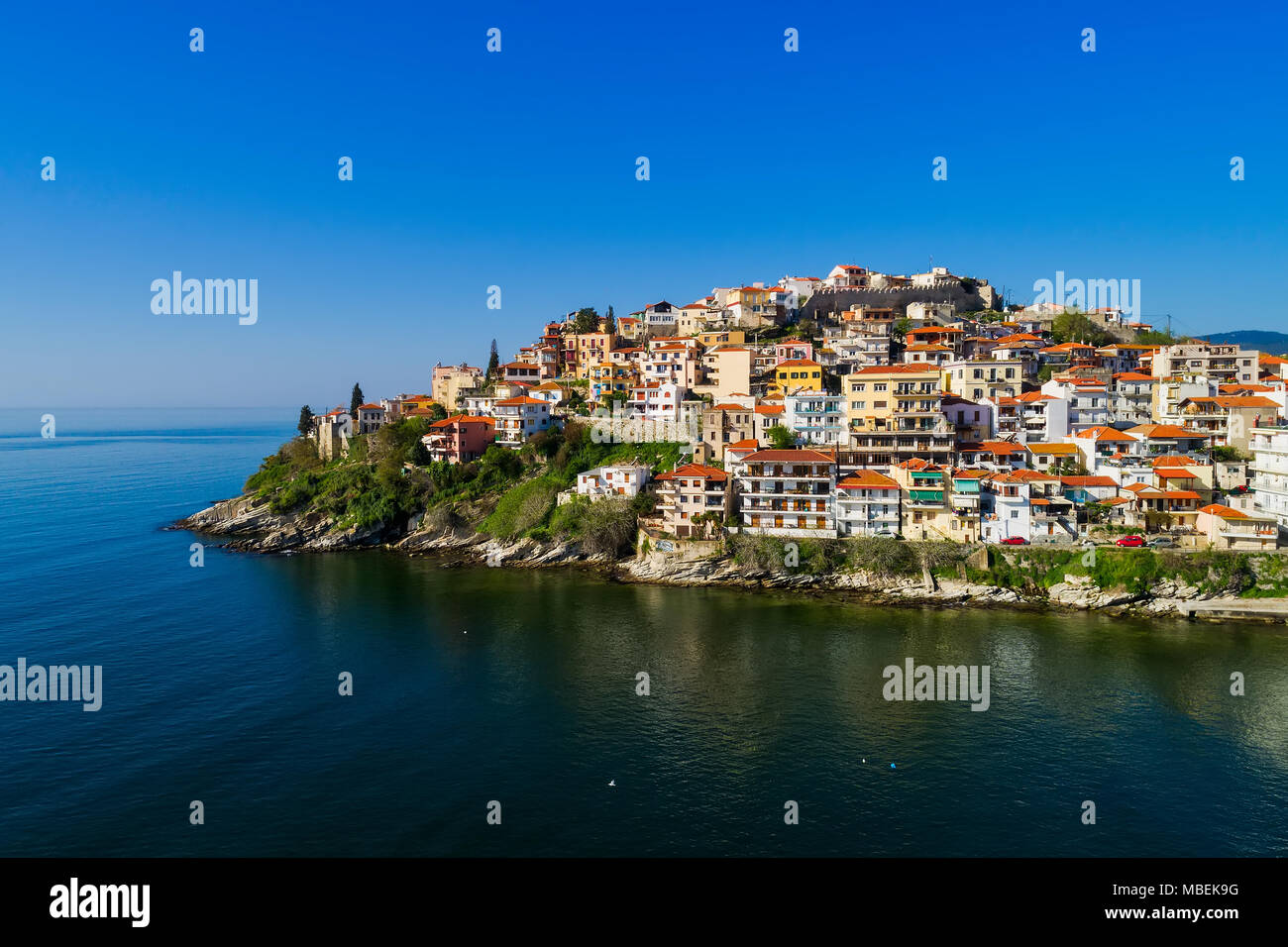 Aerial view the city of Kavala in northern Greek, ancient aqueduct ...