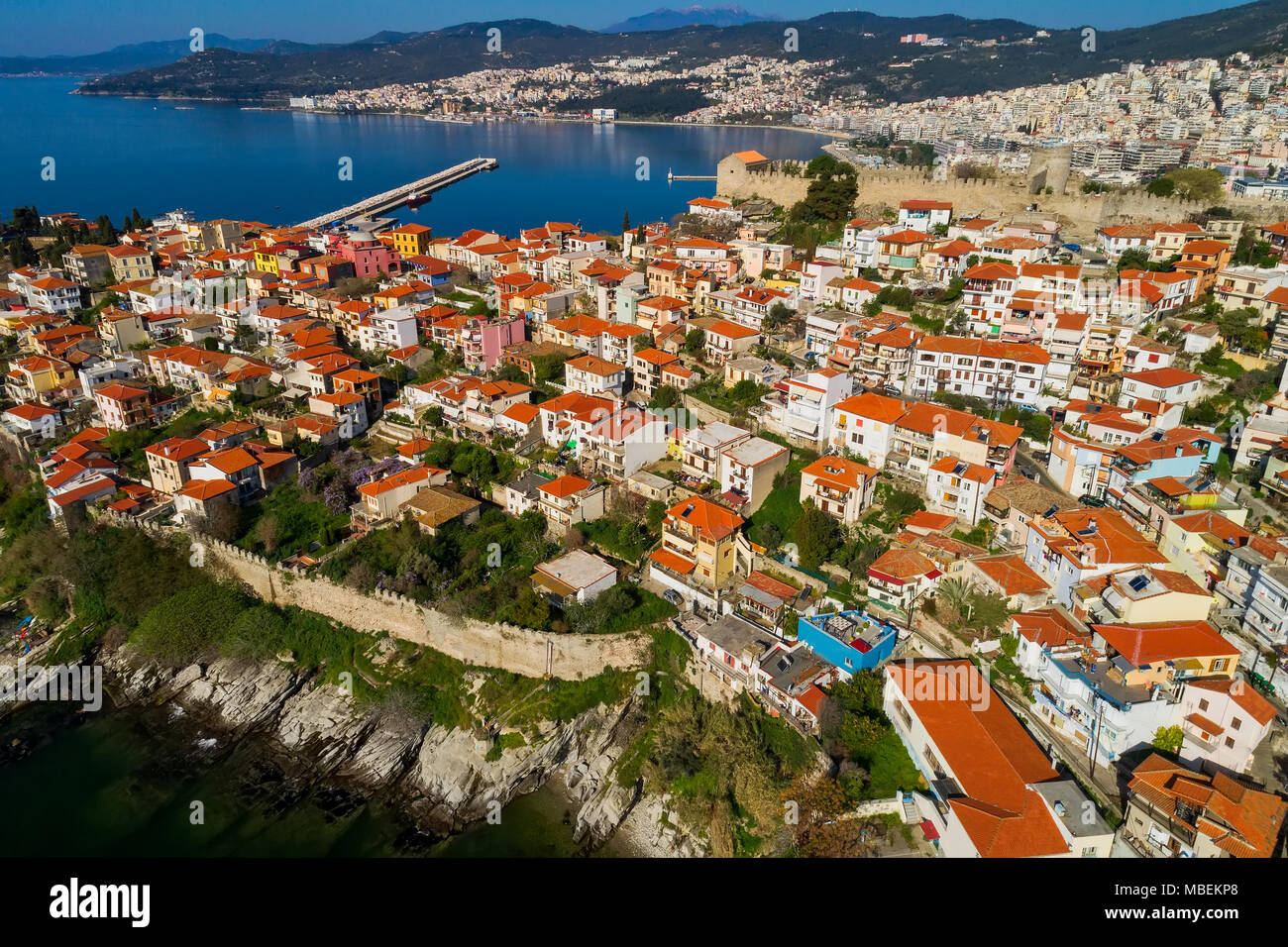 Aerial view the city of Kavala in northern Greek, ancient aqueduct ...